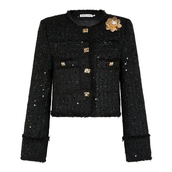 SOUR FIGS Sequined Bouclé Tweed Jacket With Brooch - Black