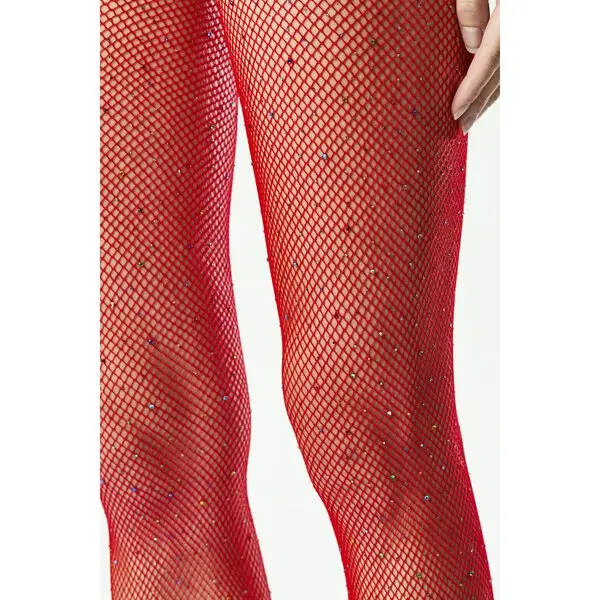SONGS OF SIREN Crystals Fishnet Tights - Red