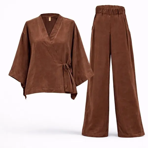 CEVA CU DICHIS Kimono And Wide Leg Trousers Set - Brown