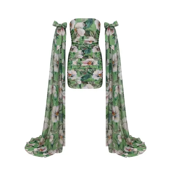 NUR KARAATA Poppy Reverie Strapless Mini Dress With Flowy Sleeves - Green