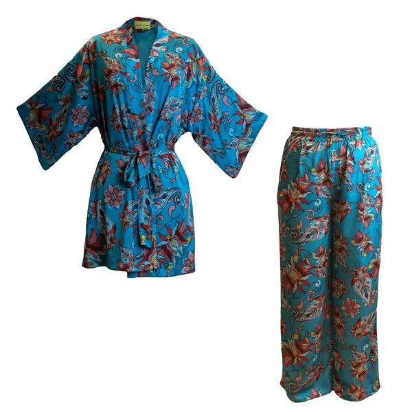 JANARA JONES Floral Paisley Printed Satin Matching Set - Blue