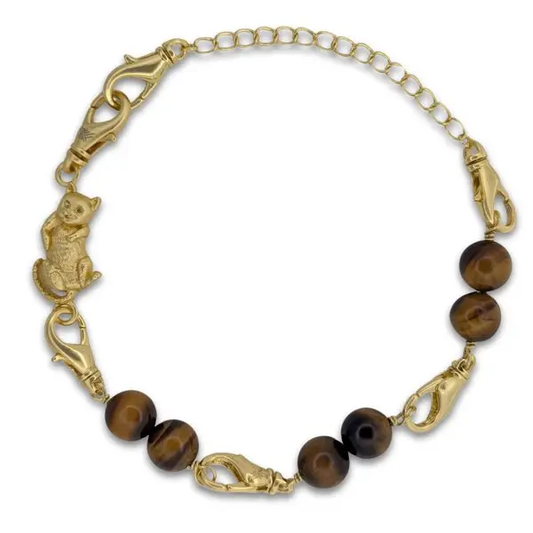 FRENVYRN Convertible Cat Charm Bracelet Bag Charm With Tiger's Eye Gemstones - Gold/brown