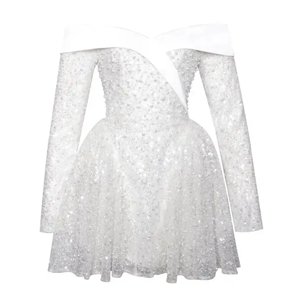 MISS CIRCLE NEW YORK Kira Bead Embroidered Mini Dress - White