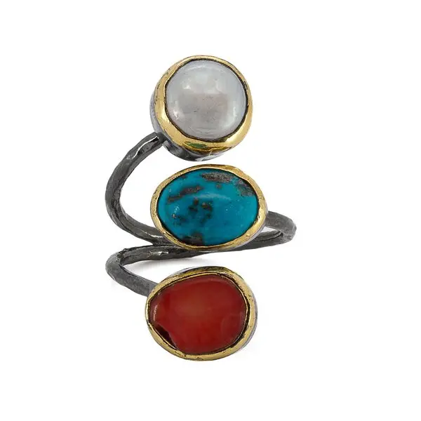 EBRU JEWELRY Sterling Silver Triple Gemstone Ring With Pearl, Turquoise, And Coral - Blue/red/silver