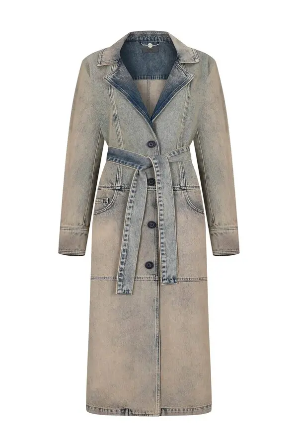 GOC DENIM Vintage Wash Denim Trench Coat - Blue