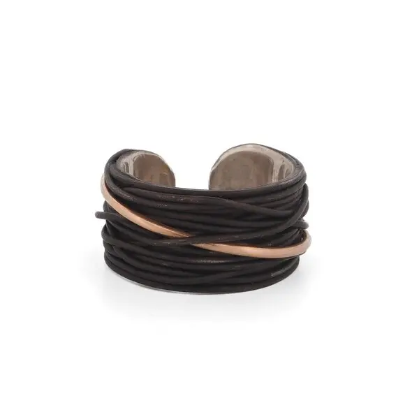 EBRU JEWELRY Sterling Silver & Leather Ring With Gold Accent - Gold/black/silver