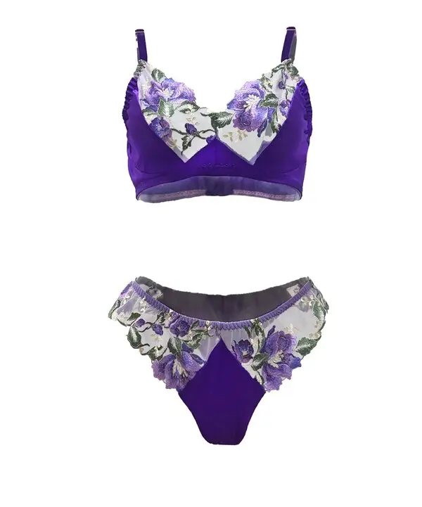 CAROL COELHO Theory Of Strings Embroidered Satin Blend Dark Flutter Tanga - Purple