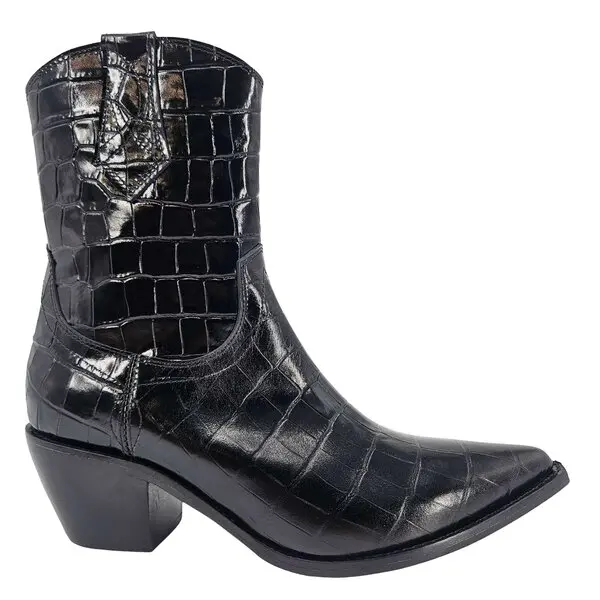 MADISON MAISON Leather Croc Embossed Pointy Toe Ankle Boots