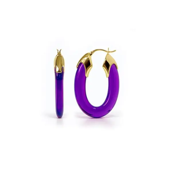 GOLD & HONEY Carved Oval Hoop Earrings With Amethyst Lucite - Purple/gold
