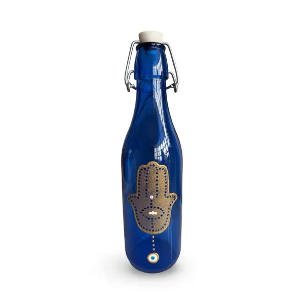 CASA DUNIYA Hand-painted Hamsa Evil Eye Swing-top Glass Water Bottle Cobalt - Blue