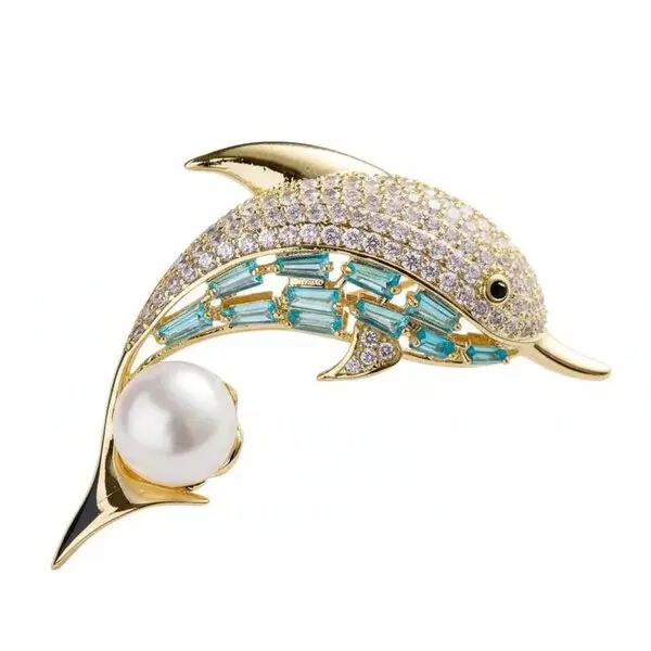ANGEL BAROCCO Dolphin Pearl Crystal Brooch - Gold
