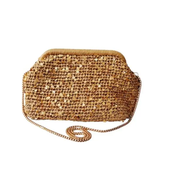 SPRINGMOONATELIER Handcrafted Raffia Clutch With Sequins And Chain Strap