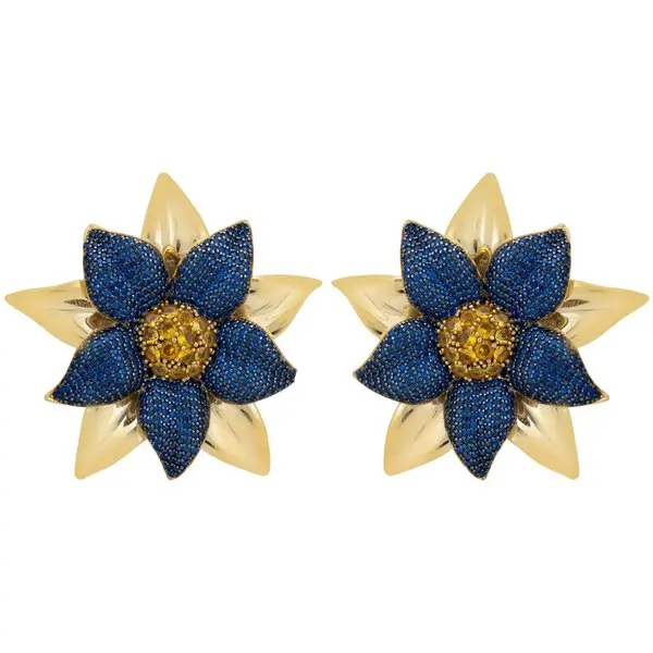 LATELITA Marguerite Daisy Flower Stud Earrings With Sapphire And Yellow Zirconia - Gold/yellow/blue