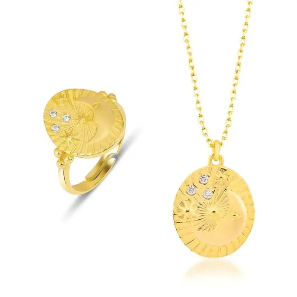 SPERO LONDON Moon Face Embossed Sterling Silver Necklace & Ring Set - Gold