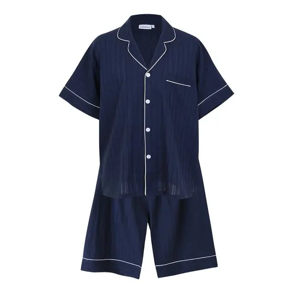 LUNALUZ Le Blanc Textured Cotton Short-sleeve Pajama Set – Navy - Blue