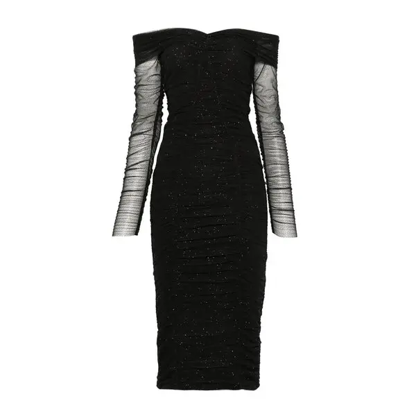 NISSA Ruched Tulle Midi Dress