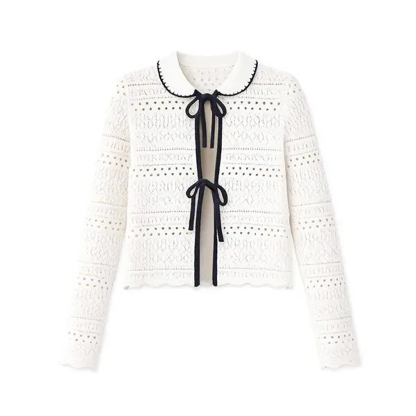 YUMI Ivory Crochet Knitted Cardigan With Peter Pan Collar - White