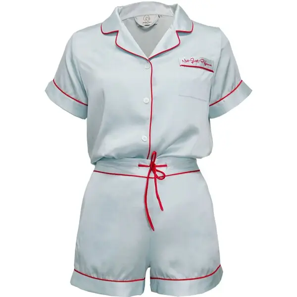 Not Just Pajama Love Embroidery Silk Short Pyjamas Set - Blue