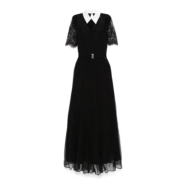 NISSA Lace-detail Silk Midi Dress - Black