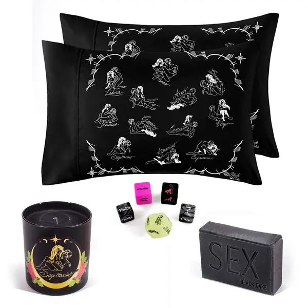 BLACK CAKE Sagittarius Pleasure Pack- Zodiac Horoscope Love Pillowcase, Soap, Dice, Candle Set - Black
