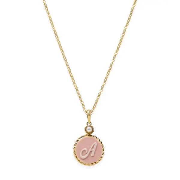 VINTOUCH ITALY Gold Vermeil Pink Cameo Initial Necklace - Gold/pink