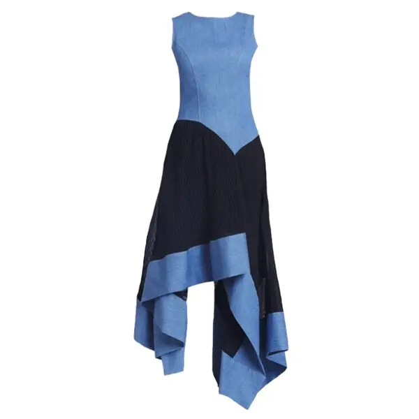 METAMORPHOZA Asymmetric Denim & Chiffon Dress - Black