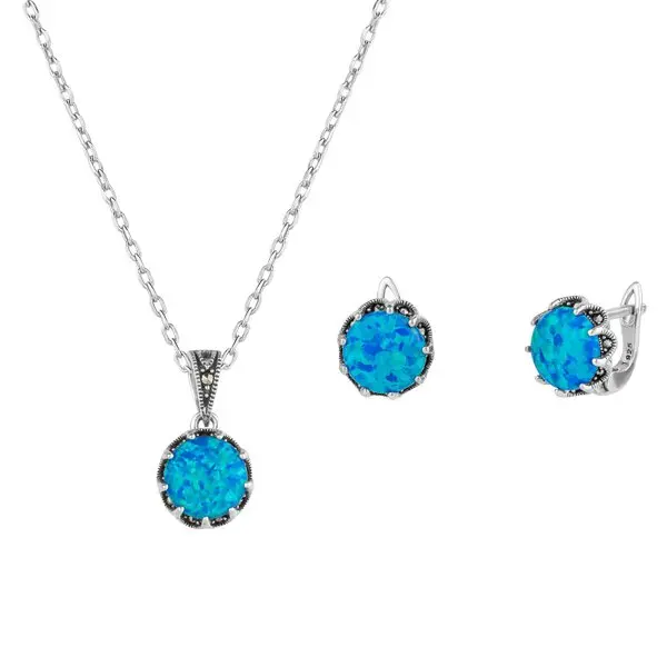 SPERO LONDON Sterling Silver Opal Earring And Necklace Set - Blue