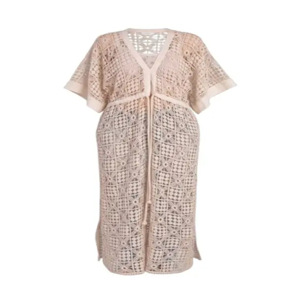 Saachi V-neck Tie-front Crochet Cover Up - White