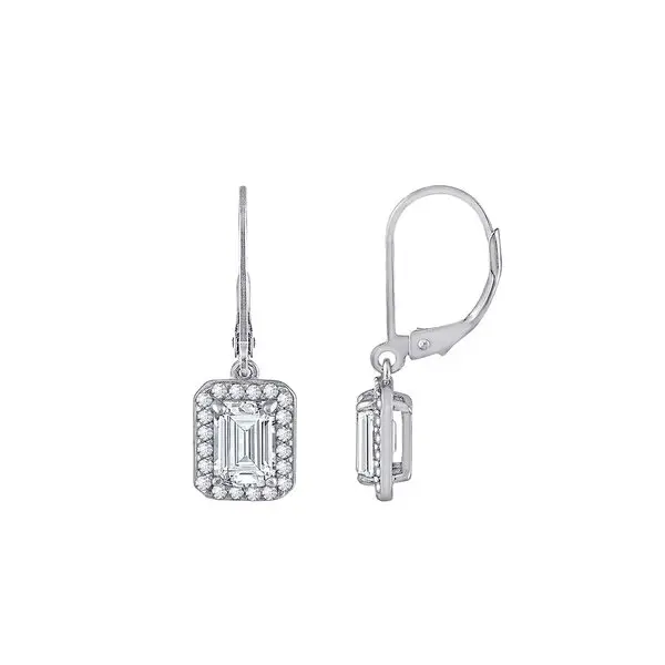 DIAMONBLISS Emerald Cut Halo Leverback Earrings - White