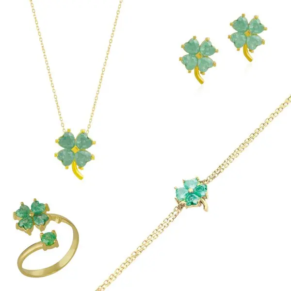 SPERO LONDON Four Leaves Clover Sterling Silver Jewelry Set - Gold/green