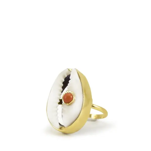 VINTOUCH ITALY 18k Yellow Gold Plated Sterling Silver Cowrie Shell And Coral Ring - Gold/white/red