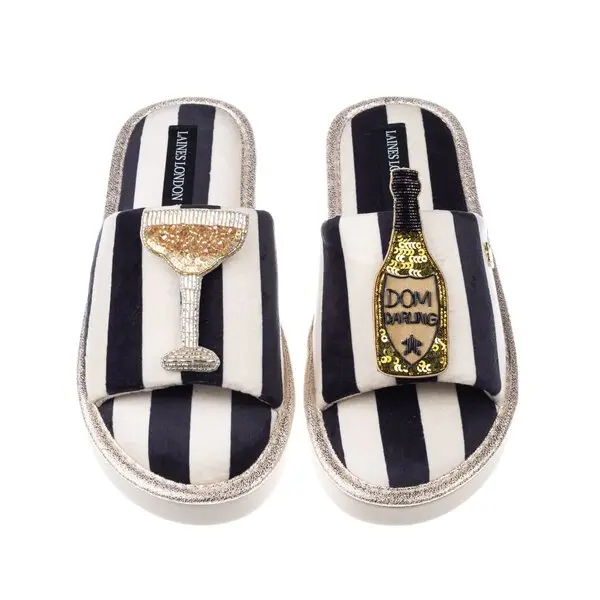 LAINES LONDON Flatform Stripe Slippers With Dom Darling Brooches - Black/white