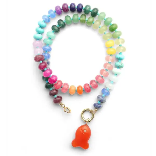 HYE JANE JEWELRY Rainbow Beaded Necklace With Carnelian Goldfish - Orange