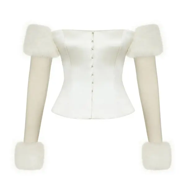MISS CIRCLE NEW YORK Off-shoulder Fur Trimmed Top - White