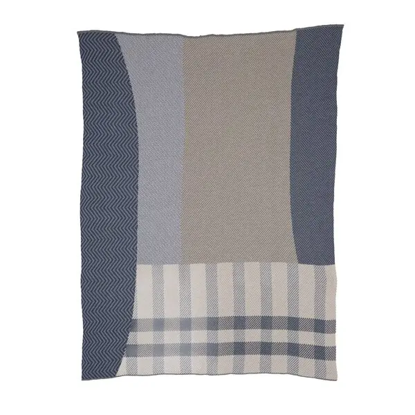 In2green Cotton Sustainable Knit Plaid Solid Throw Blanket Patchwork Herringbone - Blue