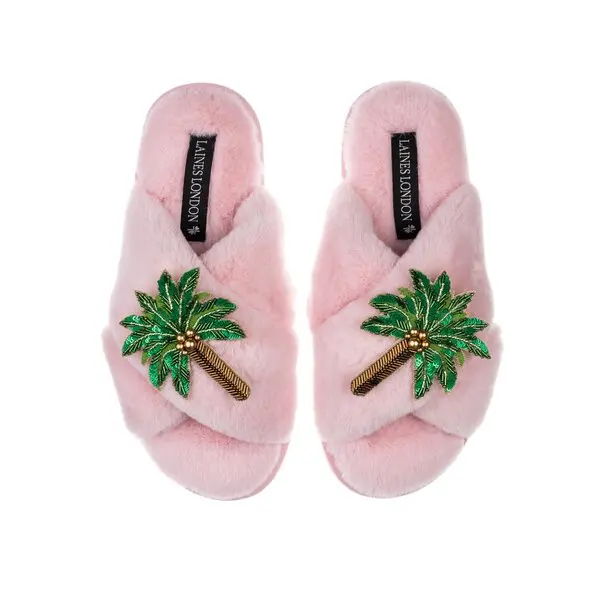 LAINES LONDON Classic Slippers With Palm Tree Brooches - Pink