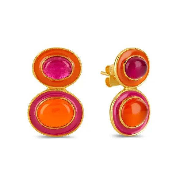 GEM BAZAAR JEWELLERY Carnelian And Chalcedony Enamel Earrings - Orange/gold/pink
