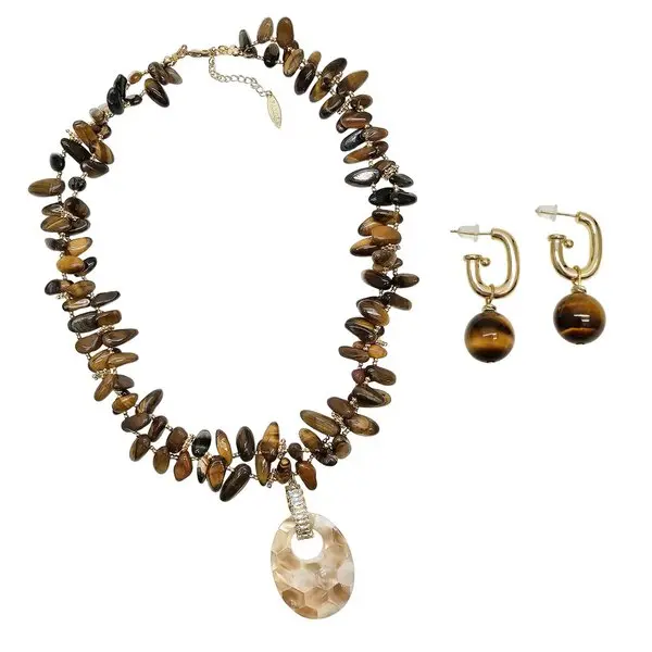 FARRA Tiger Eye And Shell Jewelry Set - Brown