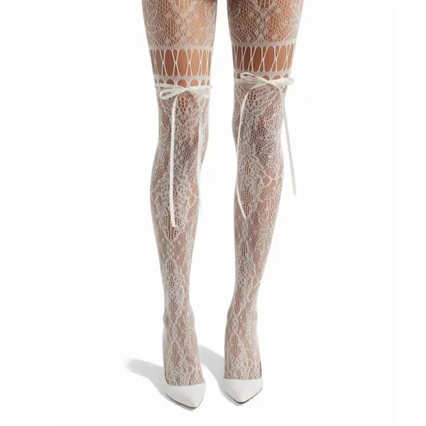 HIGH HEEL JUNGLE BY KATHRYN EISMAN Chevonne Lace And Satin Fishnet Tights - White