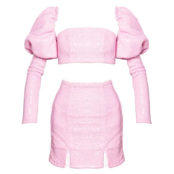 ETTIE Sequin Puff Sleeve Crop Top And Mini Skirt Co-ord - Pink