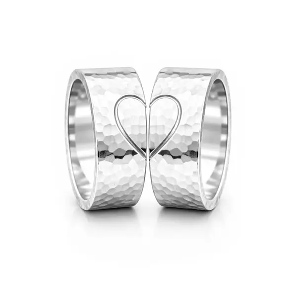 UNALOE Couple Heart Hammered Band Rings In Sterling - Silver