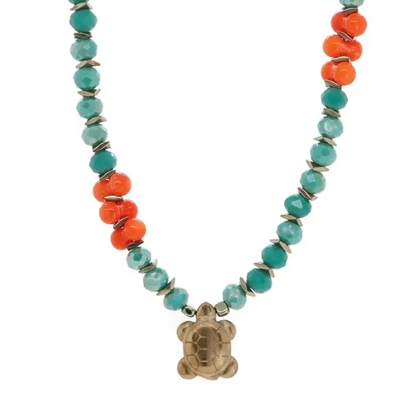 EBRU JEWELRY Turtle Blessing Necklace With Crystal And Coral Beads - Green/gold/yellow