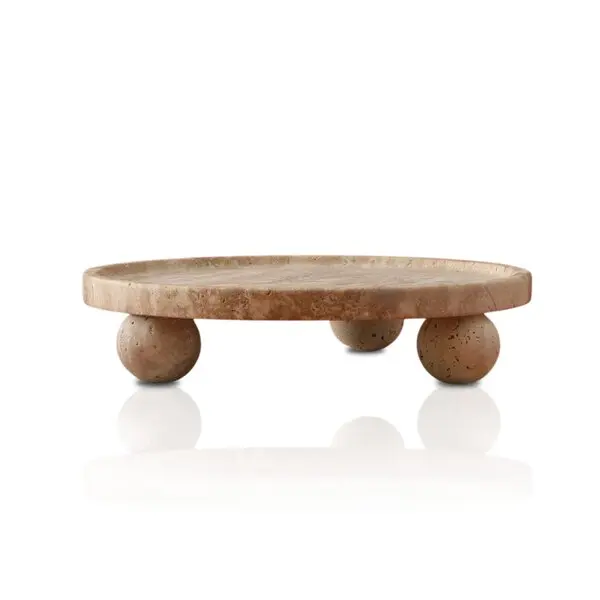 MARLETH Neutrals Handmade Travertine Pedestal Tray – Round Elevated Design With Three Sphere Feet - Beige