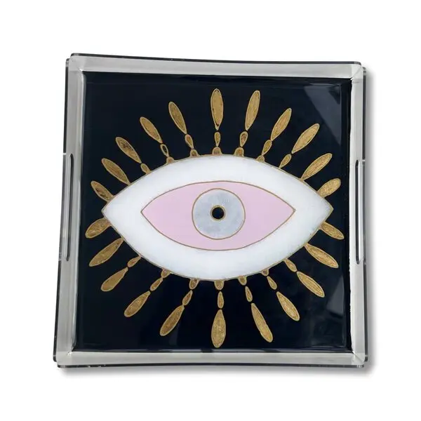 CASA DUNIYA Hand-painted Evil Eye & Pink Square Nazar Acrylic Tray - Black