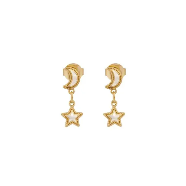 KARMA AND LUCK Ethereal Glow Rainbow Moonstone Moon & Star Earrings - Gold/white