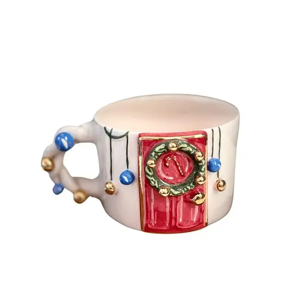 ANATOLIACRAFT Handcrafted Christmas Door Ceramic Mug With Holiday Accents - Red