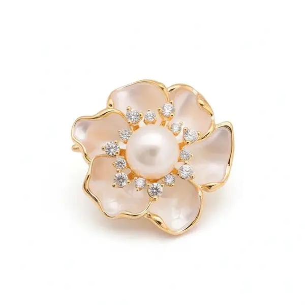 ANGEL BAROCCO Camellia Crystal Pearl Brooch - Gold