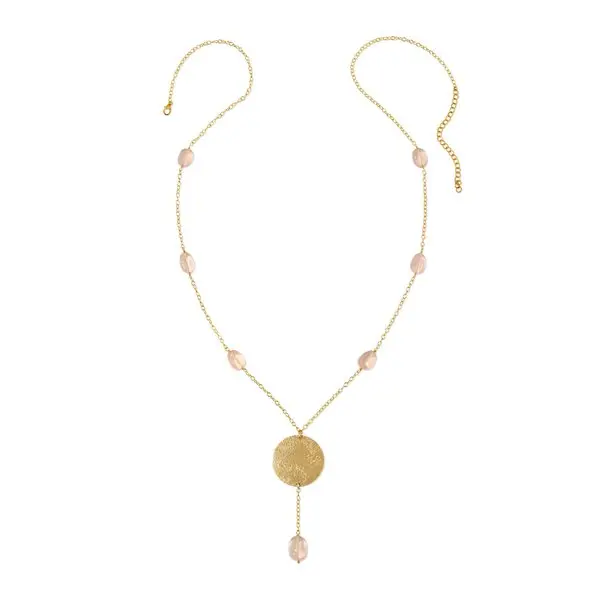 HEATHER HAWKINS Hand Hammered Coin Gemstone Drop Y Necklace - Pink
