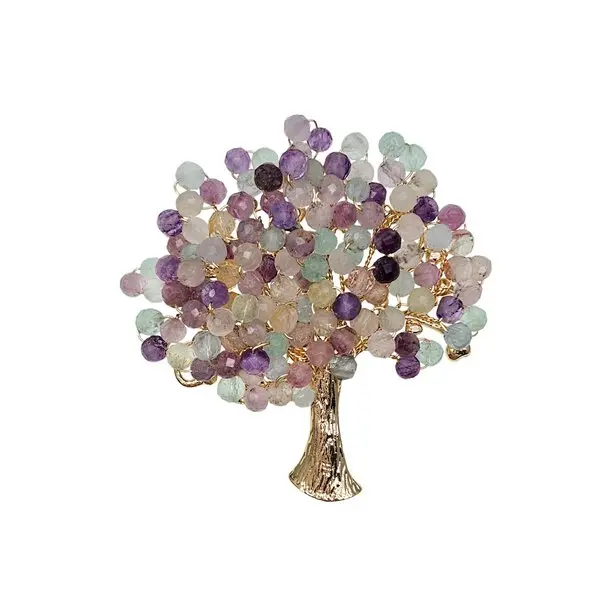 FARRA Tree Shape Handcrafted Fluorite Brooch - Green/purple/yellow