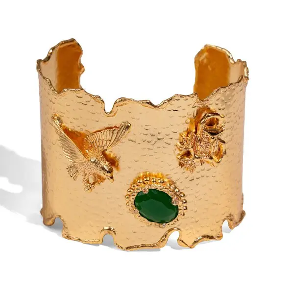 EBRU JEWELRY Gold Plated Bronze Cuff Bracelet With Emerald Stone - Gold/green
